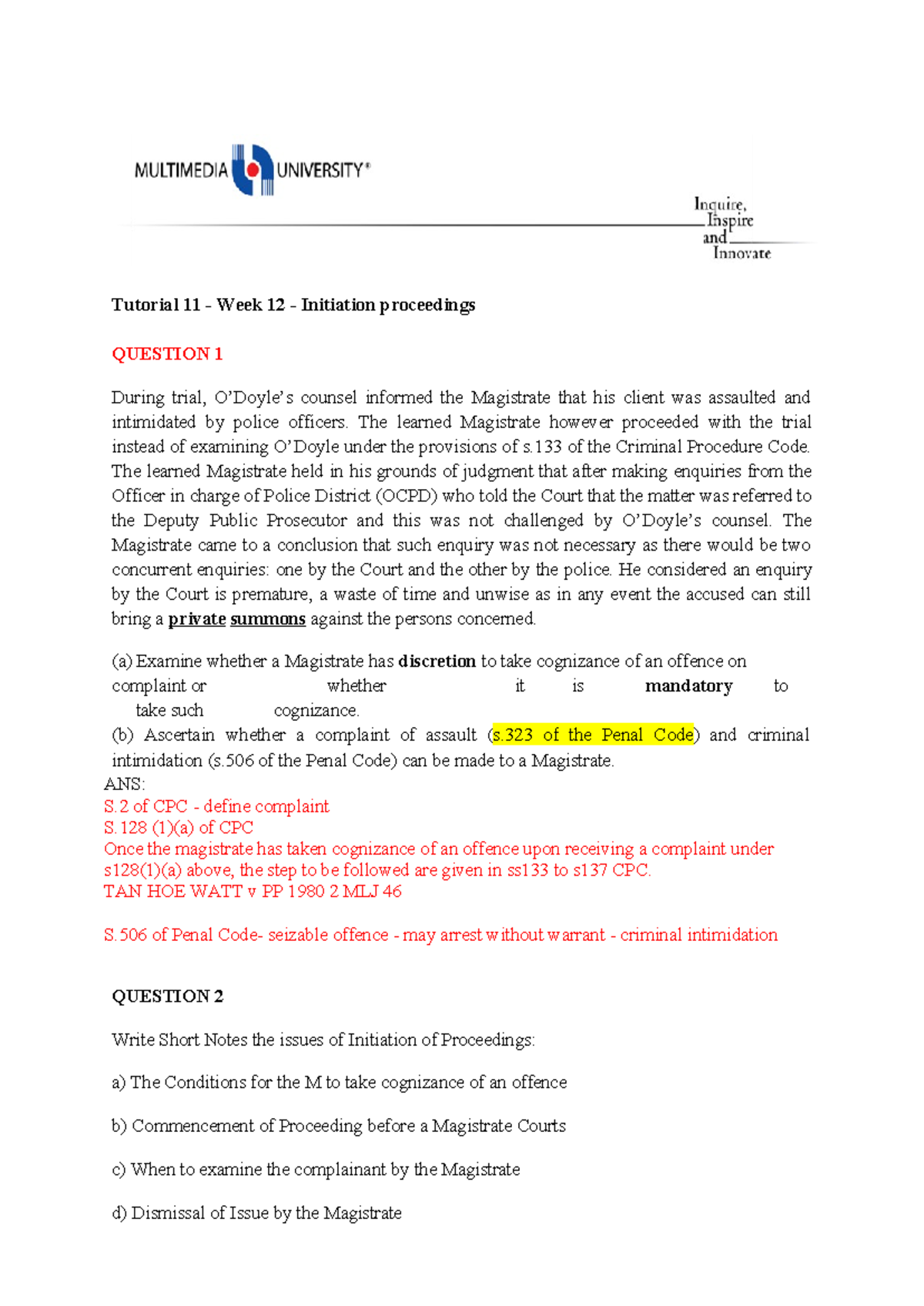 Criminal Tutorial 11 - Reference only, not confirm - Tutorial 11 - Week ...