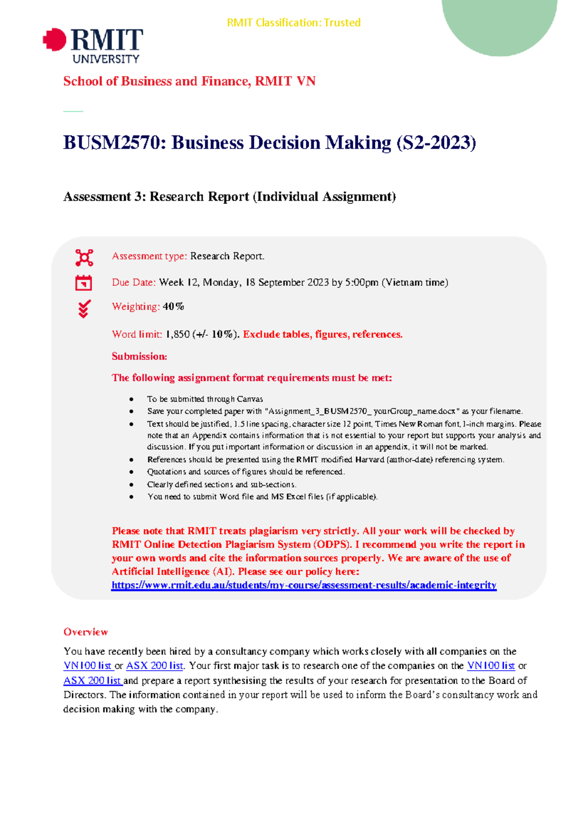 0.s2 2023 Assessment 3 - Questions - School of Business and Finance, RMIT VN — BUSM2570 ...