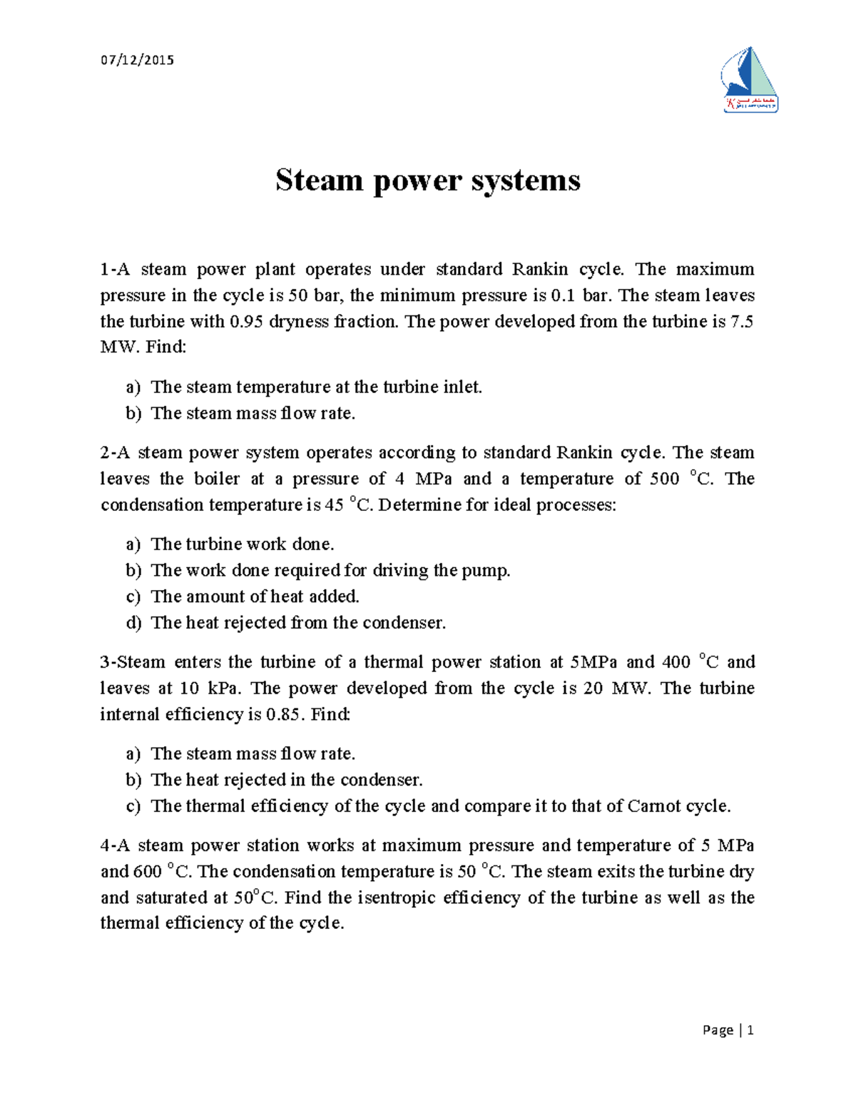 6 Steam Power Systems I - 07/12/ Page | 1 Steam power systems 1-A steam ...