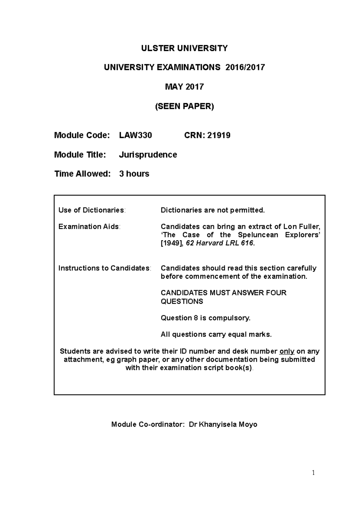 Exam 1 May 2017, questions - ULSTER UNIVERSITY UNIVERSITY EXAMINATIONS ...