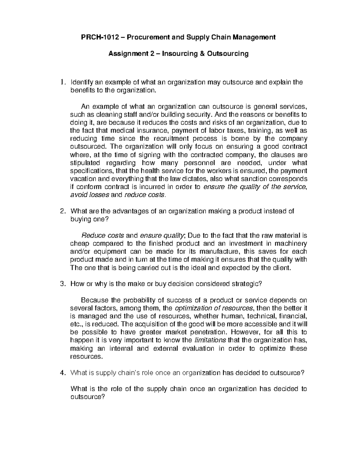 Assignment 2 - Outsourcing - PRCH-1012 – Procurement and Supply Chain Management Assignment 2 ...