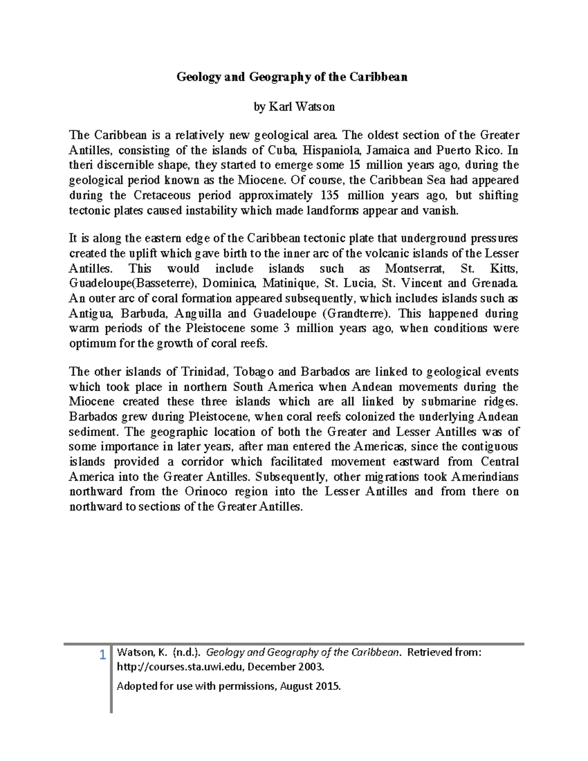 FOUN1101 Unit 2 Reading Karl Watson, Geology and Geography of the ...