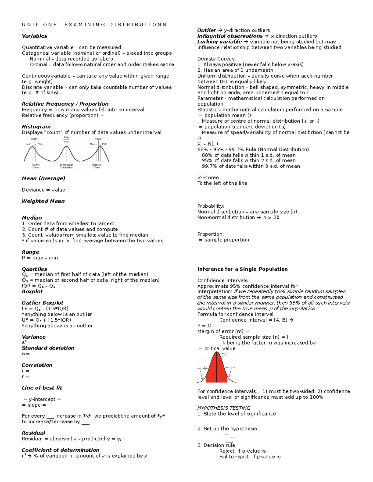 STAT 1000 Formulas - U N I T O N E : E X A M I N I N G D I S T R I B U ...