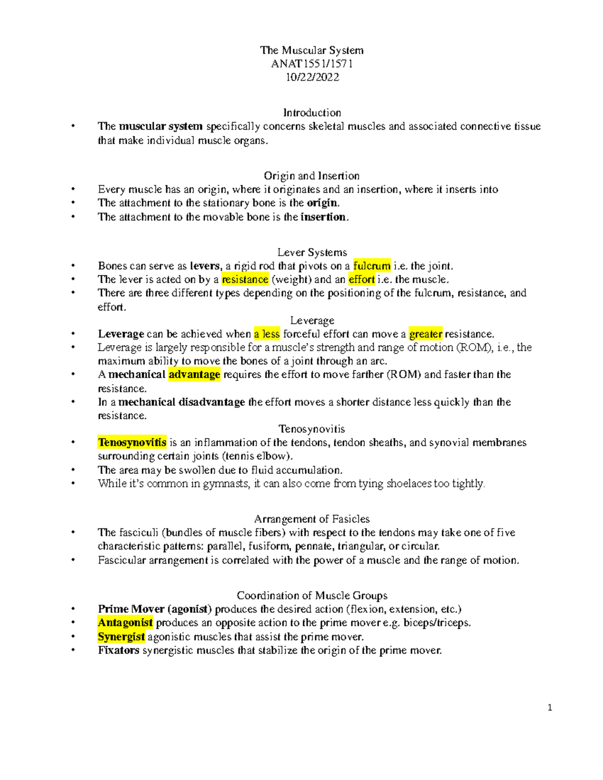 11 -The Muscular System (fillable) - 1 The Muscular System ANAT1551/ 10 ...