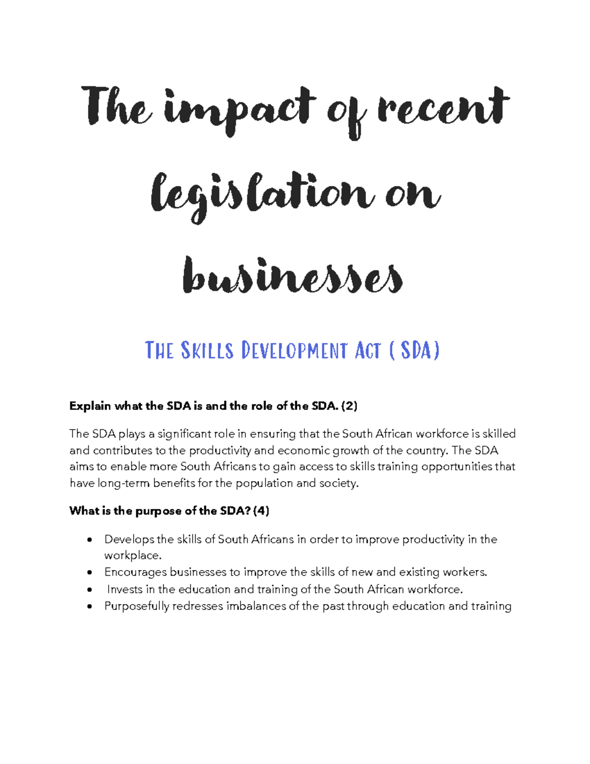 Paper 1 Grade 12 Business Studies 2 - The impact of recent legislation ...