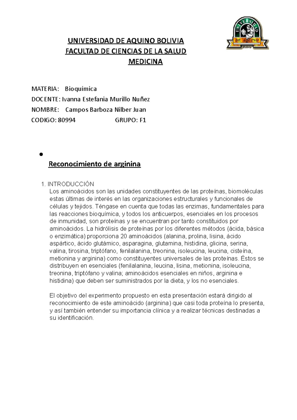 Universidad DE Aquino Bolivia experimento - UNIVERSIDAD DE AQUINO ...
