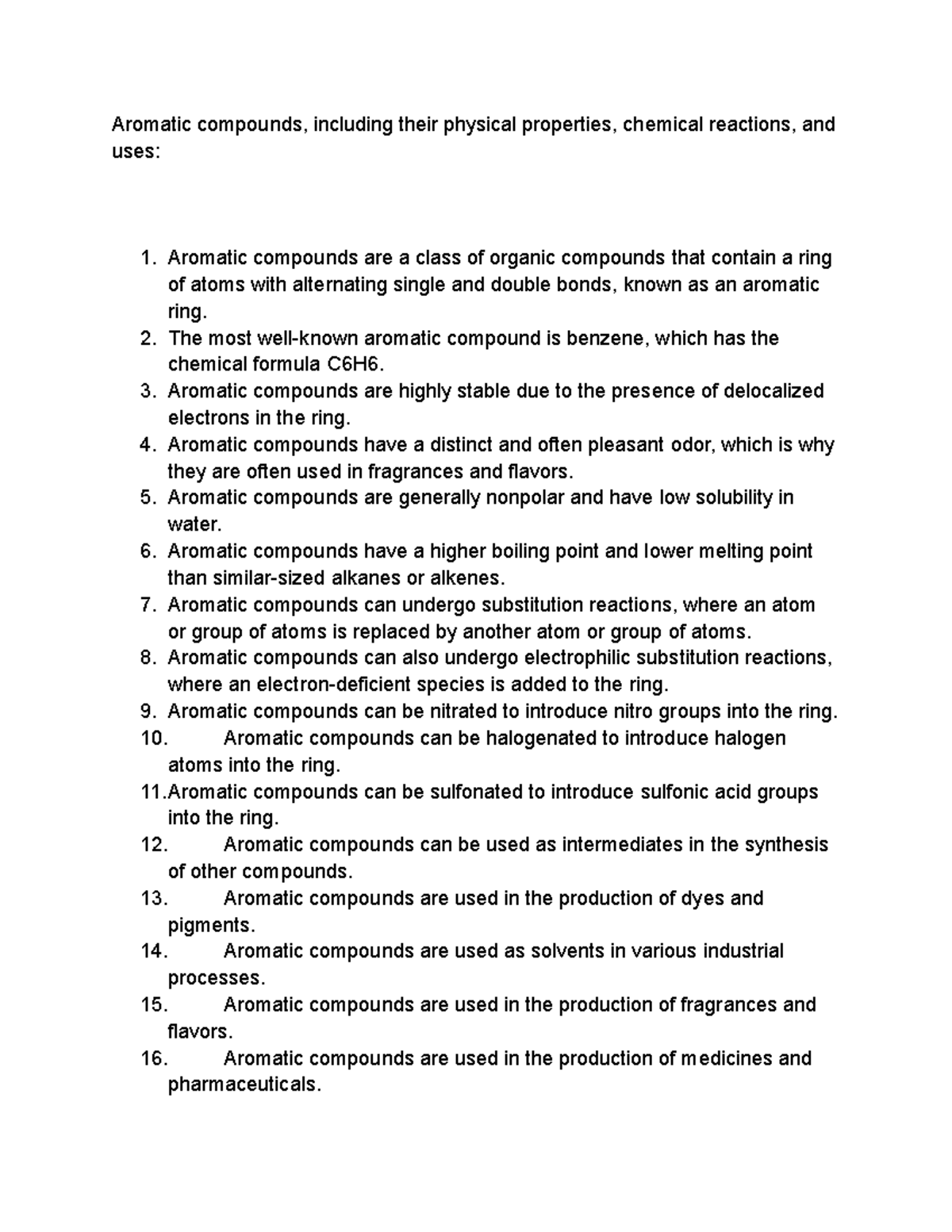 Aromatic compounds, including their physical properties, chemical ...