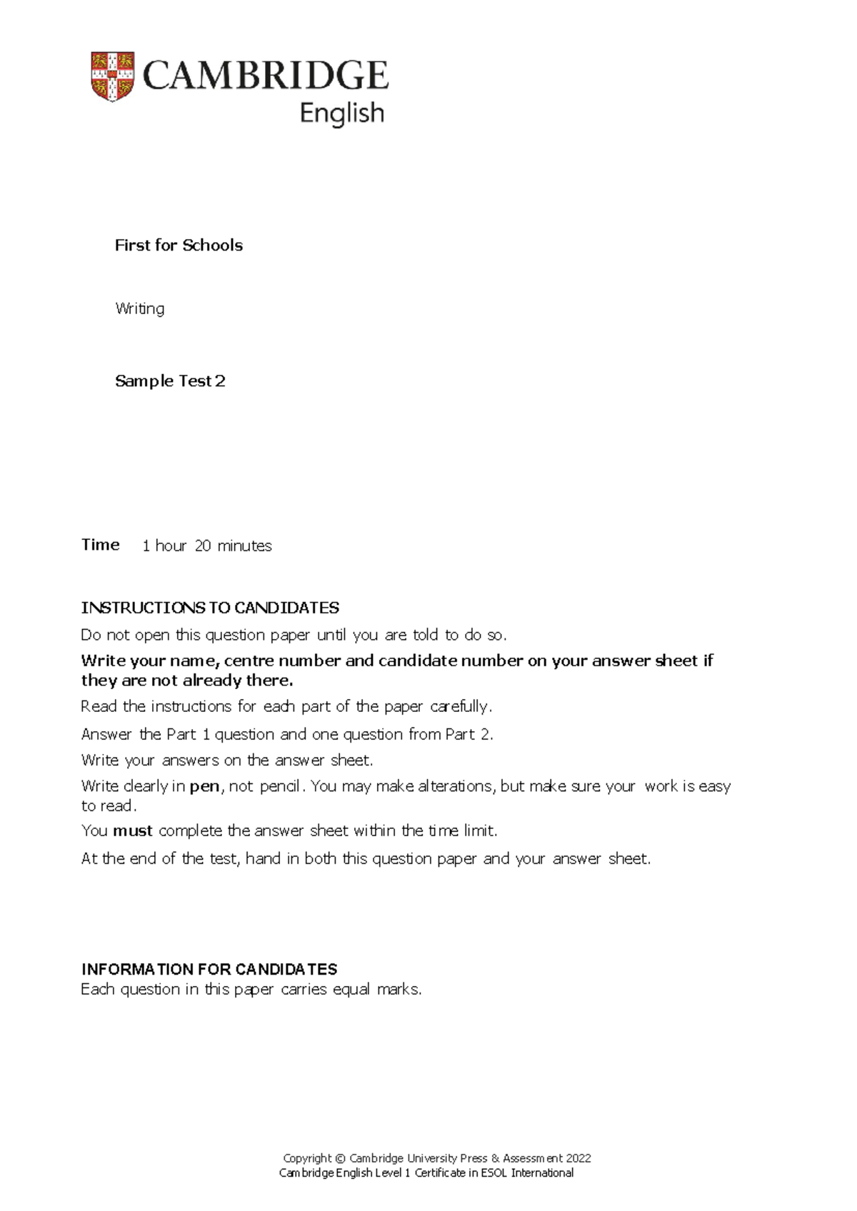 First for Schools Writing sample paper 2 - First for Schools Writing ...
