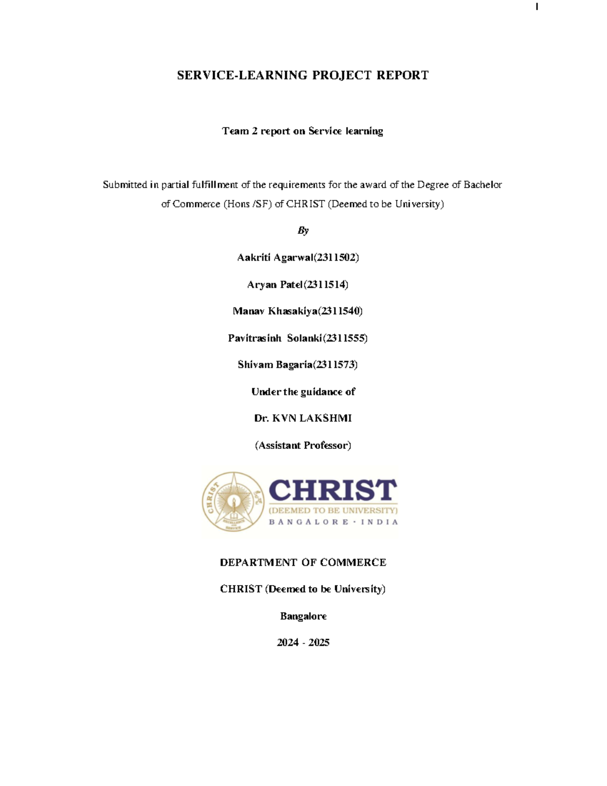 Service Learning Document - SERVICE-LEARNING PROJECT REPORT Team 2 report on Service learning ...