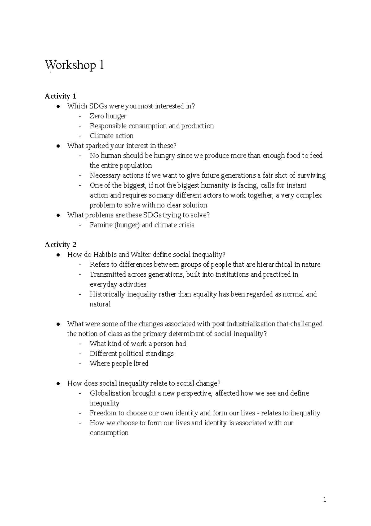 Workshop 1 - Workshop 1 Activity 1 Which SDGs were you most interested ...