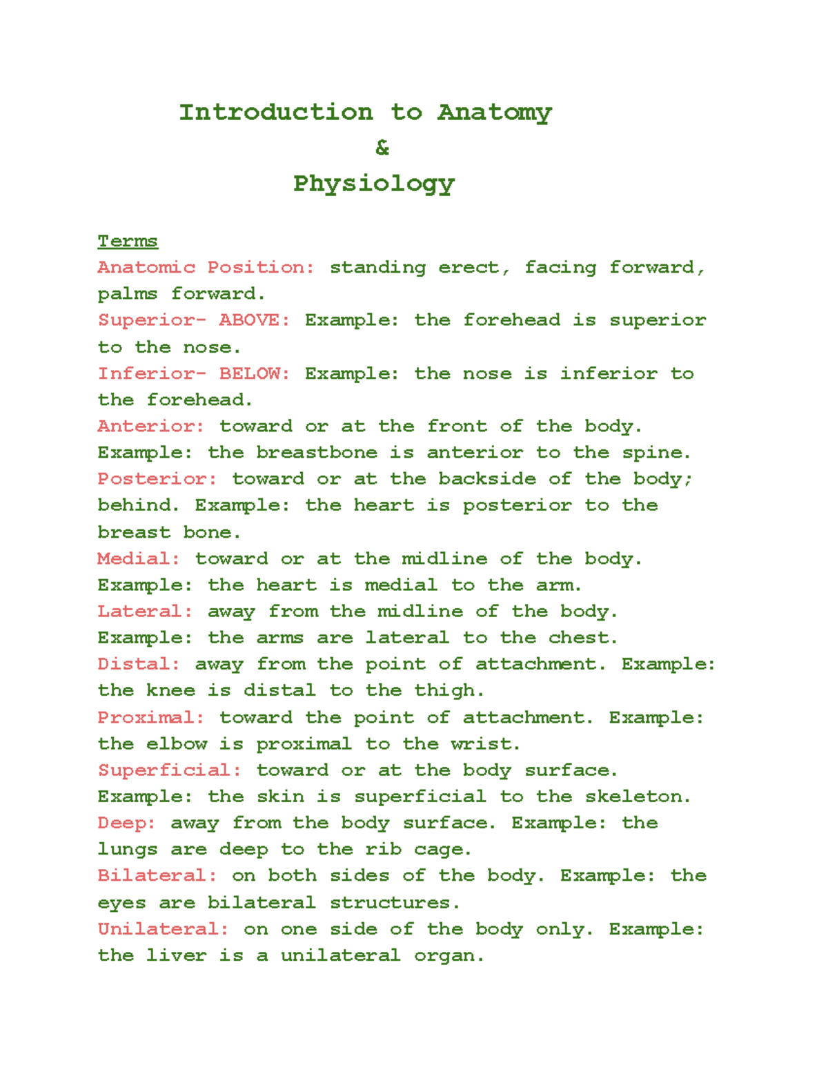Bio notes- introduction to anatomy and physiology (unit 1 ...