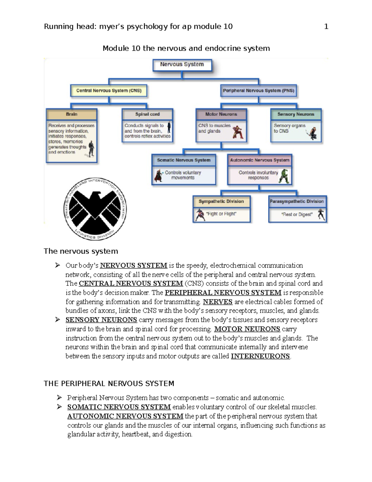 Module 10 the nervous and endocrine system - Running head: myer’s ...