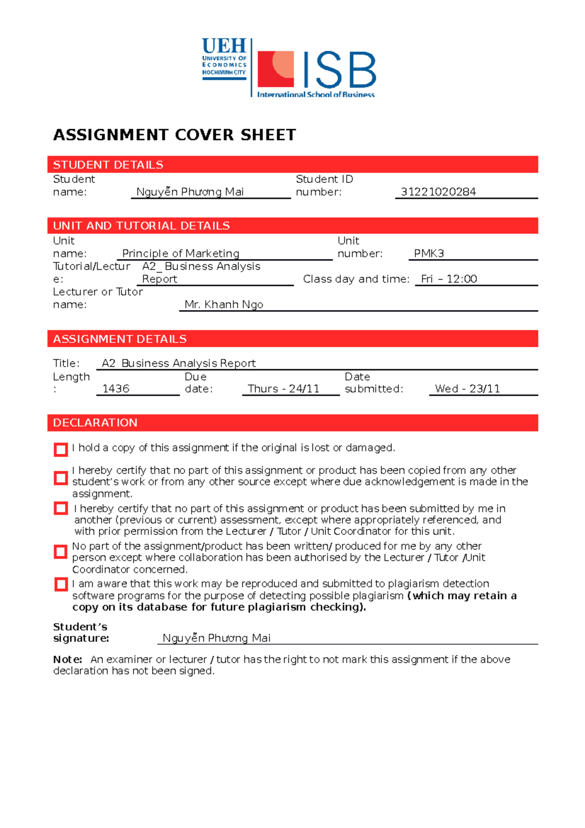 A2 official - A2 report - ASSIGNMENT COVER SHEET STUDENT DETAILS ...