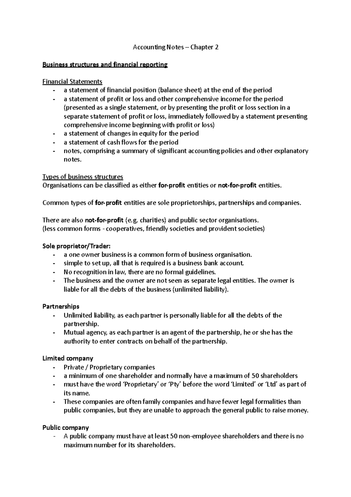 Accounting Notes - Chapter 2 - Accounting Notes – Chapter 2 Business ...