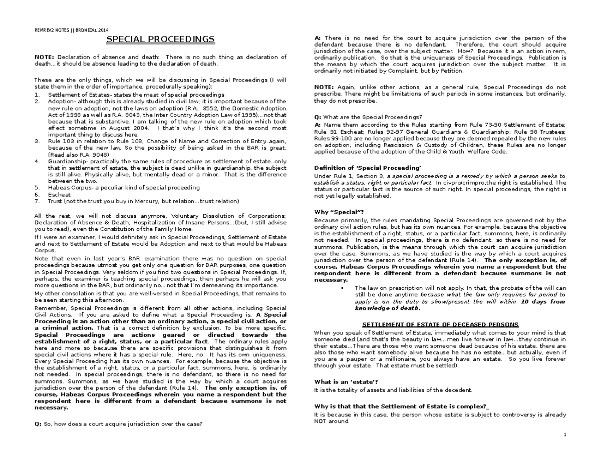 Rem2 Notes Specpro to Evid - SPECIAL PROCEEDINGS NOTE: Declaration of ...