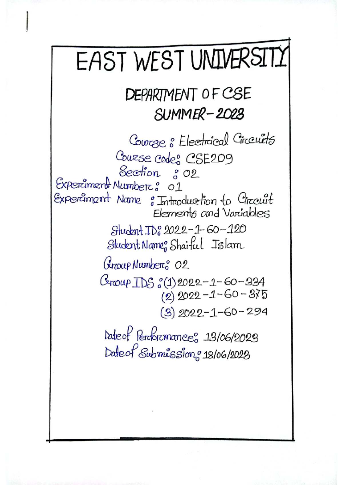 Experiment -01 - r44444 - Electrical Circuit - Studocu