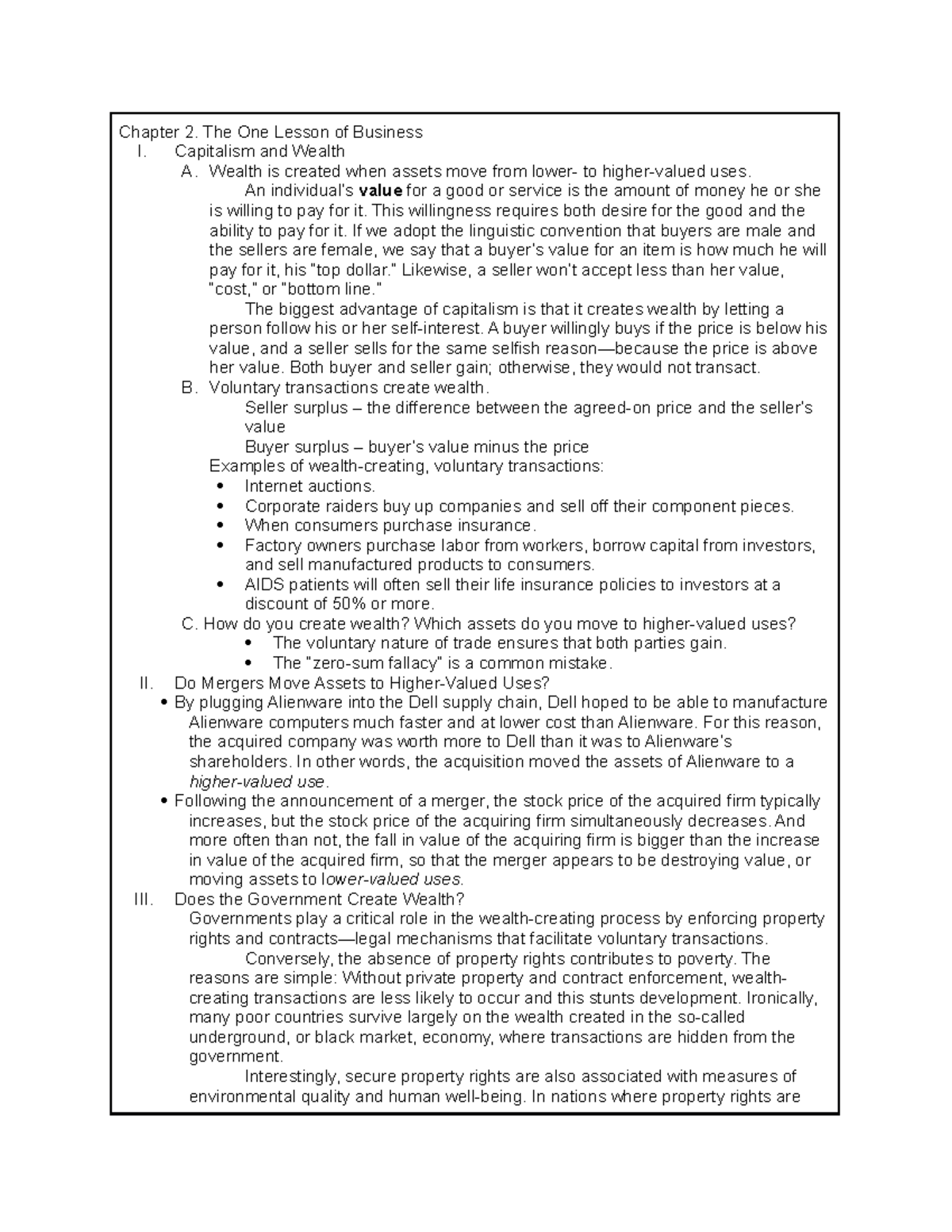 Chapter 2 - I. Capitalism and Wealth A. Wealth is created when assets ...