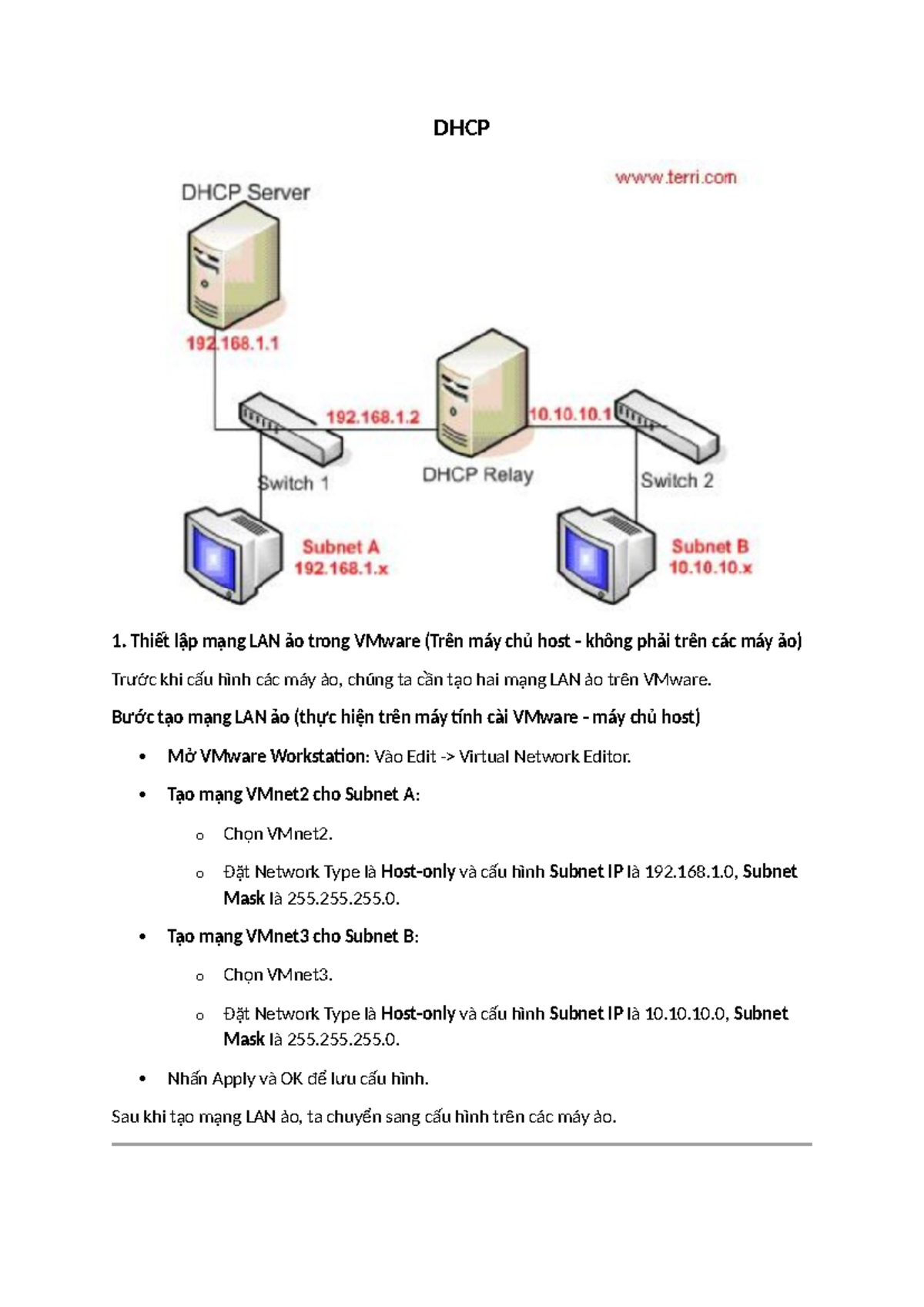 DHCP - mmt - DHCP 1. Thiết lập mạng LAN ảo trong VMware (Trên máy chủ host - không phải trên các ...