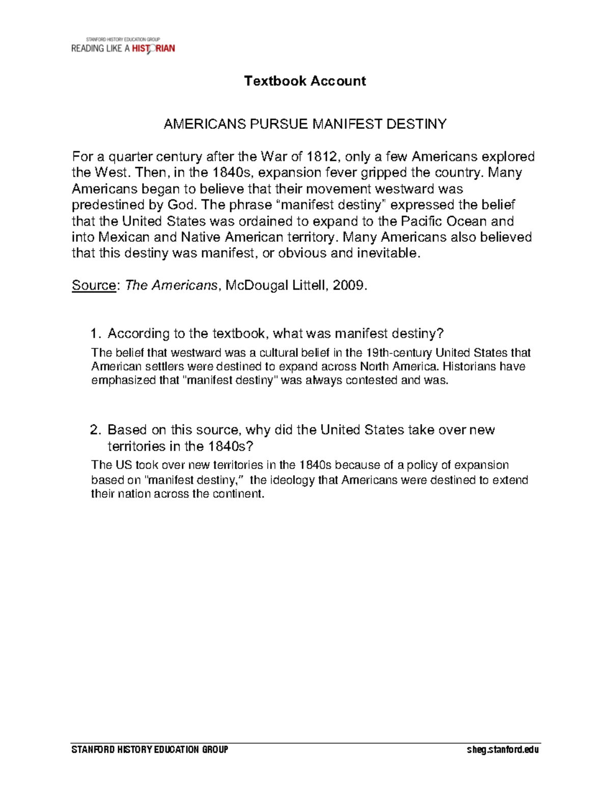 Manifest Destiny Student Materials - Textbook Account AMERICANS PURSUE ...