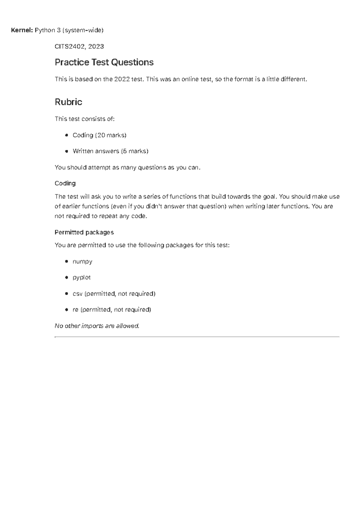 Practice Test - Good luck - Kernel: Python 3 (system-wide) CITS 2402 ...