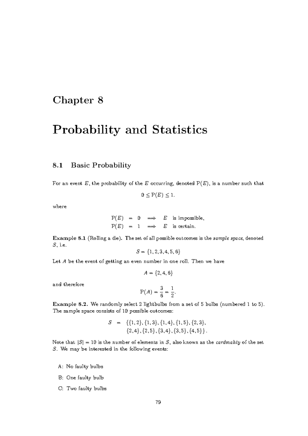 Chapter 8 Probability and Statistics - where P(E) = 0 =) E is ...