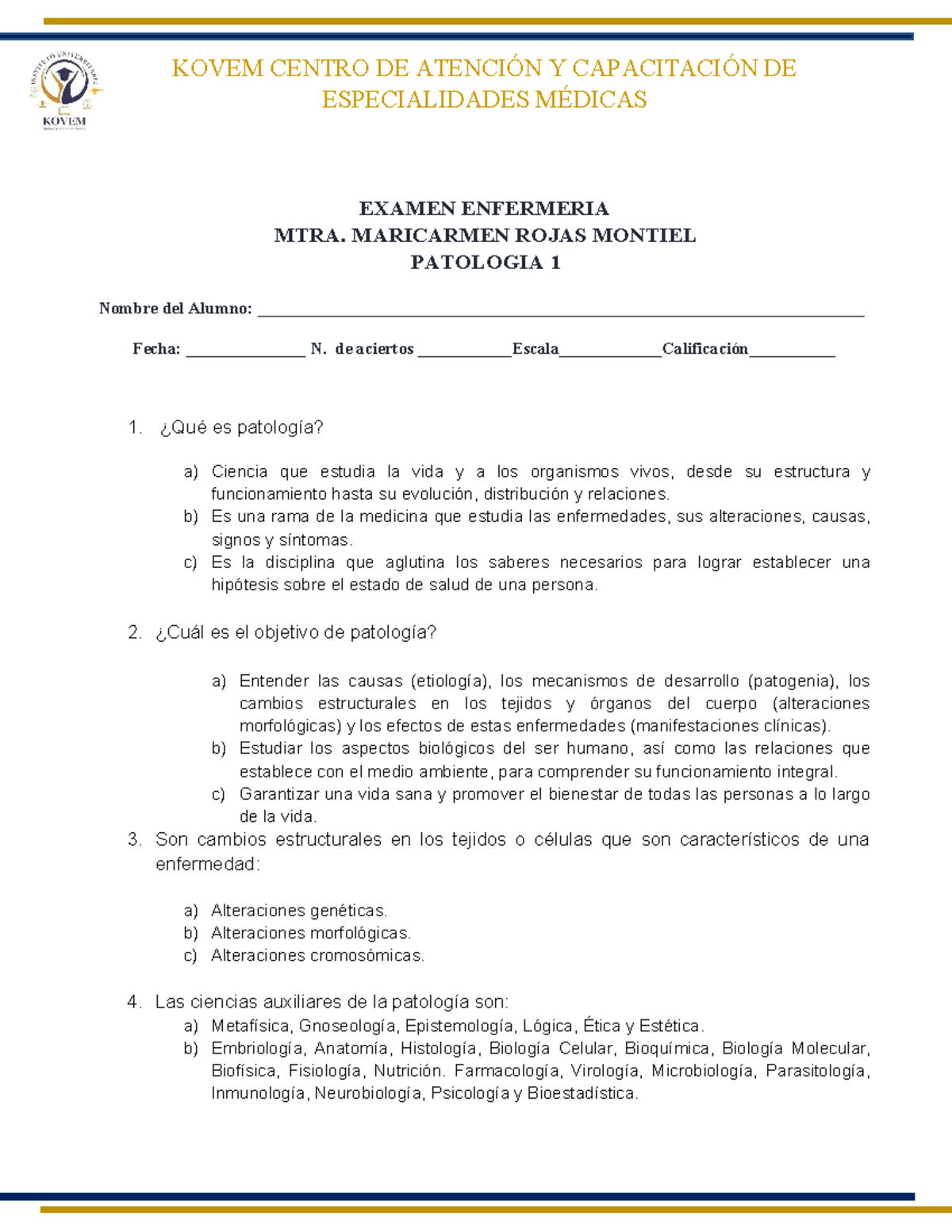 Patologia 1 - mknkmk - ESPECIALIDADES MÉDICAS EXAMEN ENFERMERIA MTRA ...
