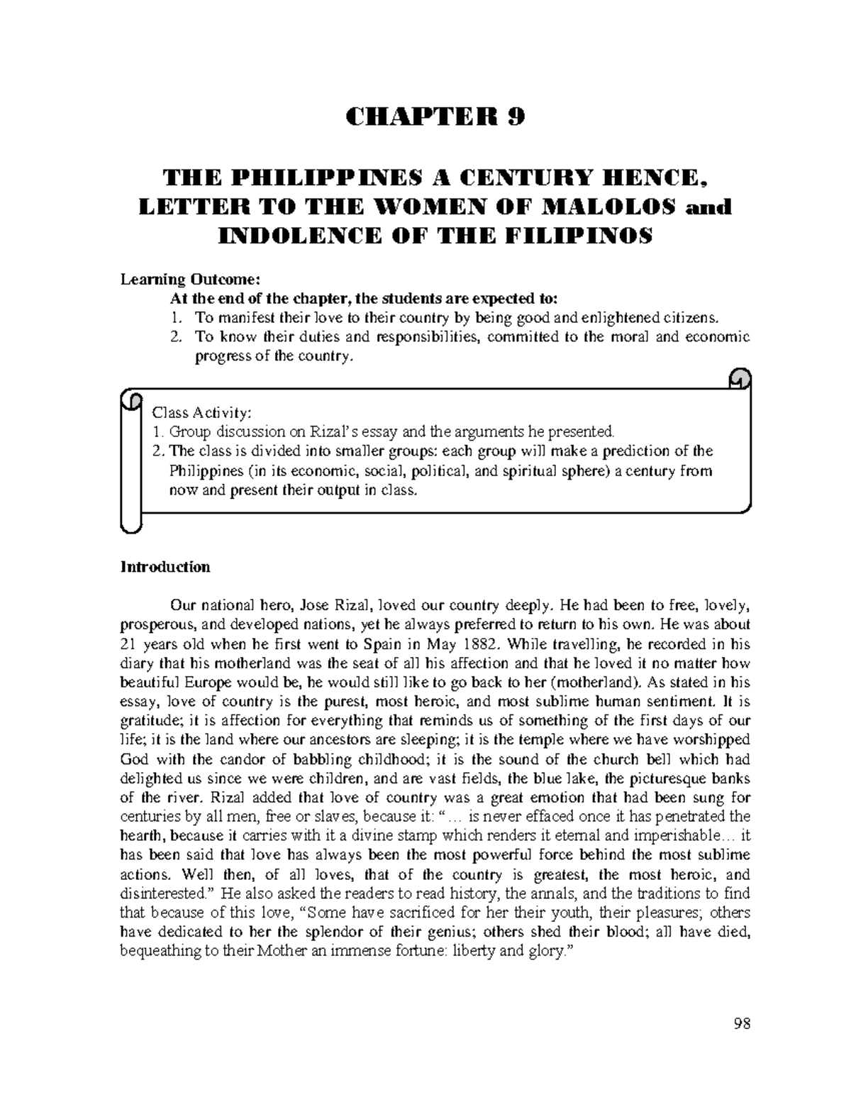 Chapter 9 - life and works of rizal - CHAPTER 9 THE PHILIPPINES A CENTURY HENCE, LETTER TO THE ...
