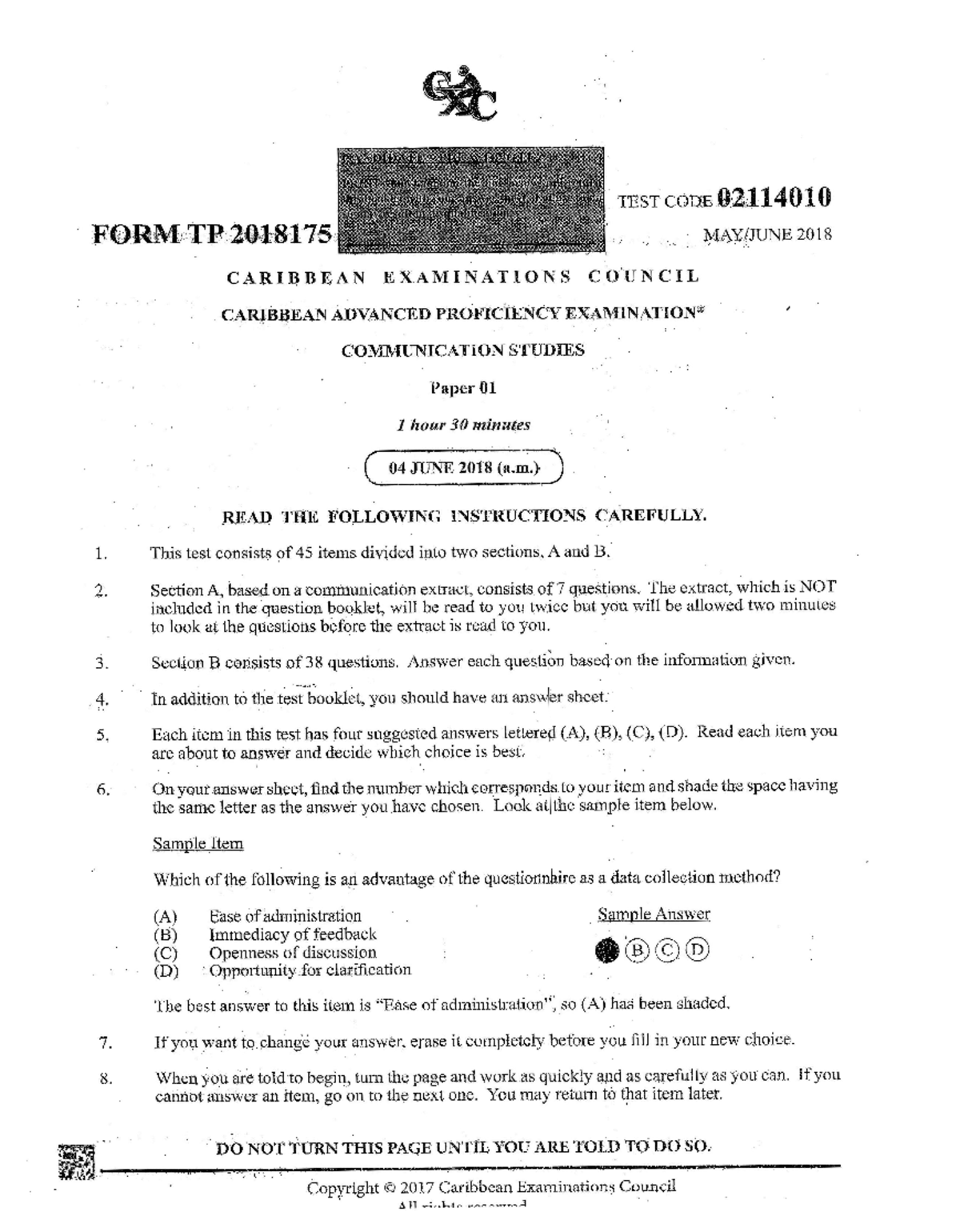 CAPE Communication Studies 2018 P1 - t g s r g - Studocu