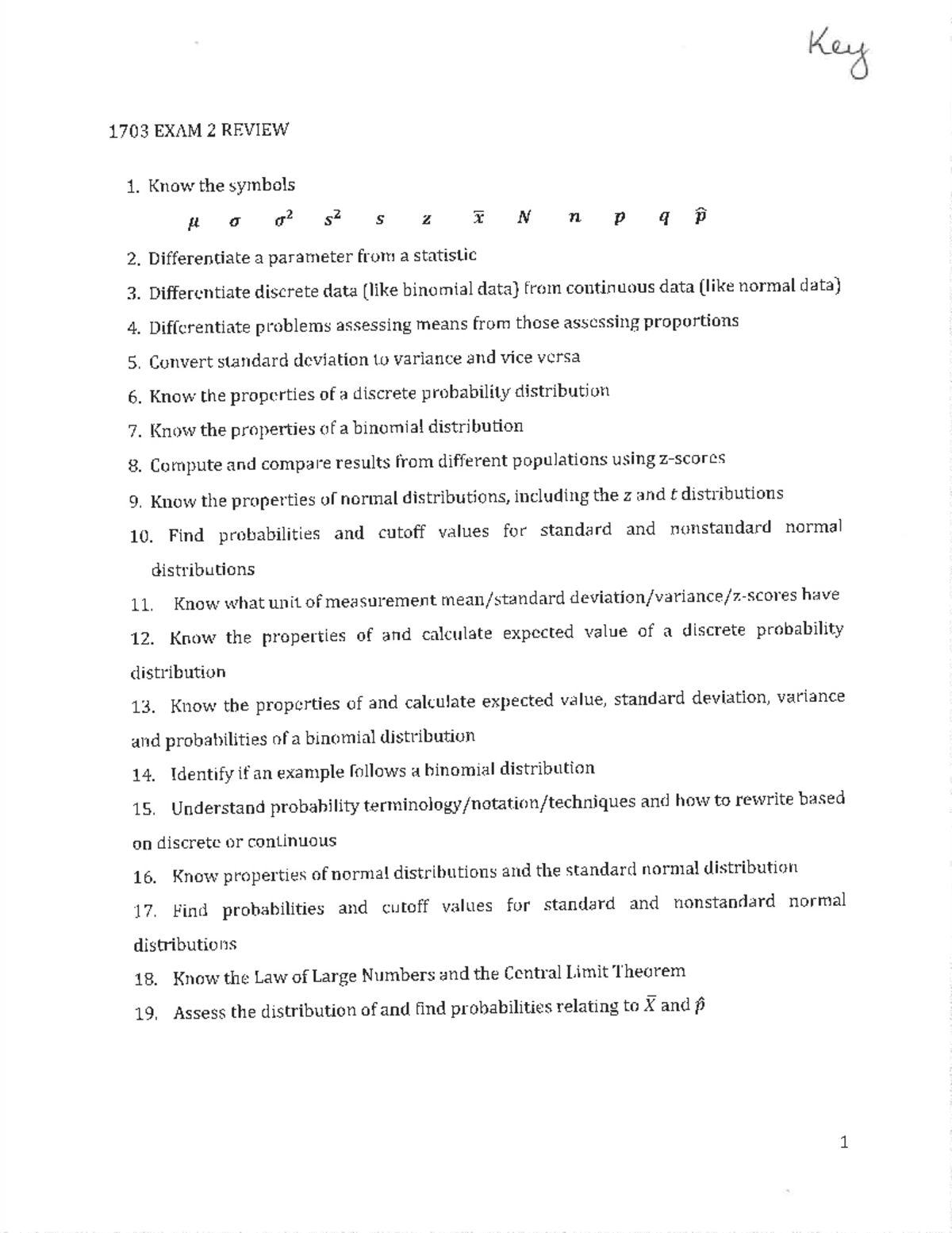 1703-Exam 2 Review Key Stover - Key 1703 EXAM 2 REVIEW 1. Know the ...
