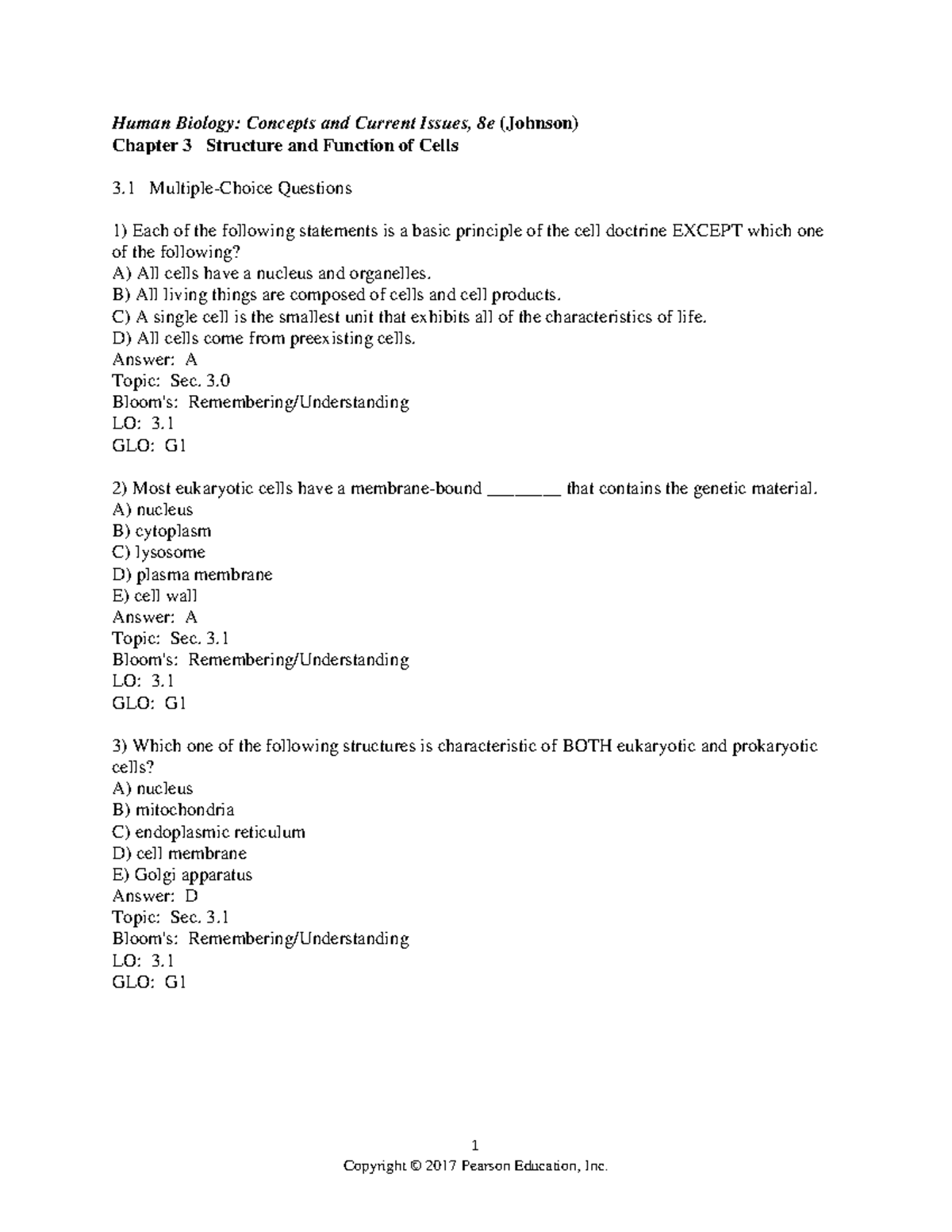 Chapter 3 - 1 Human Biology: Concepts and Current Issues, 8e (Johnson ...