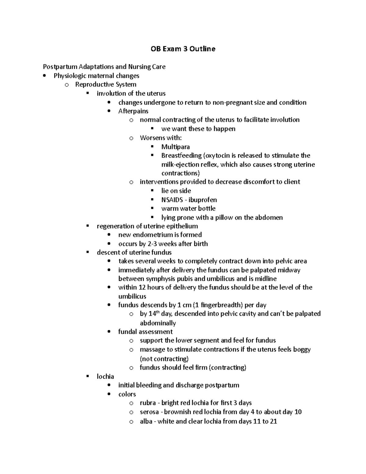 OB Exam 3 Outline - OB Exam 3 Outline Postpartum Adaptations and ...