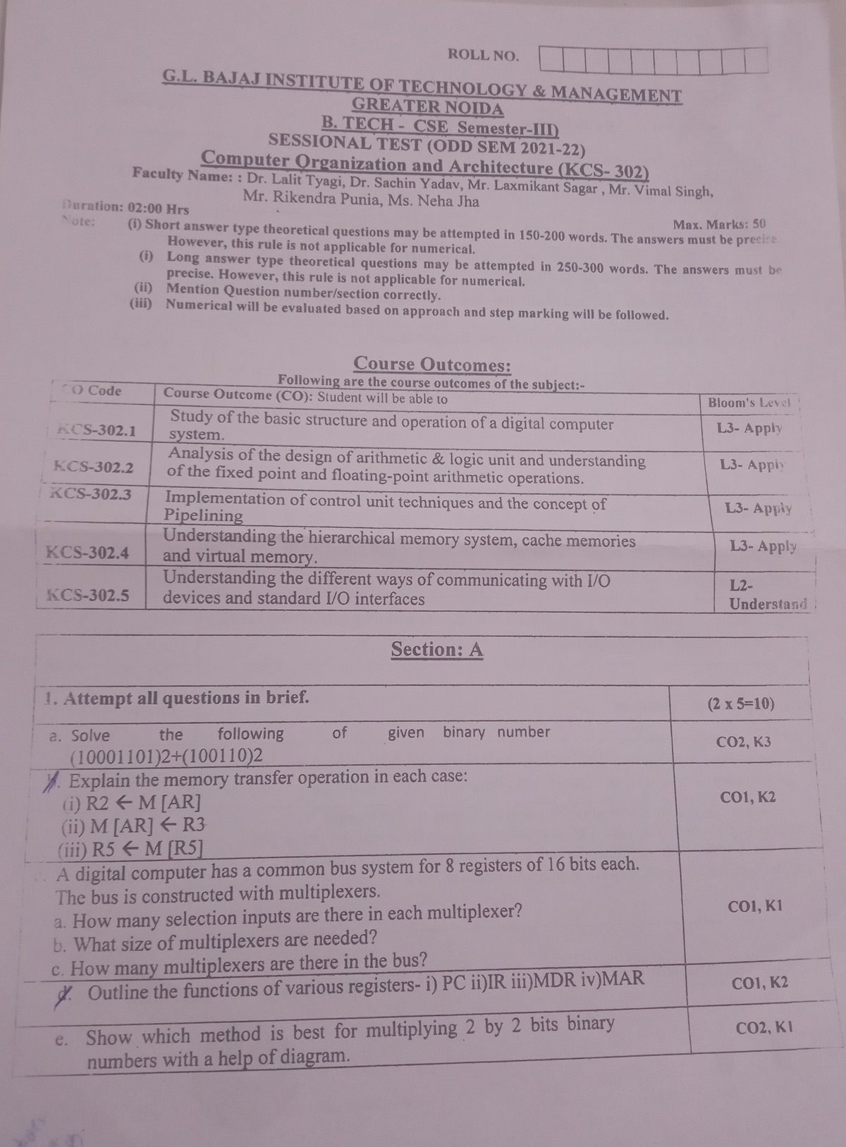 COA MOST IMP QUES UNIT 1,2 - ROLL NO. G. BAJAJ INSTITUTE OF TECHNOLOGY ...