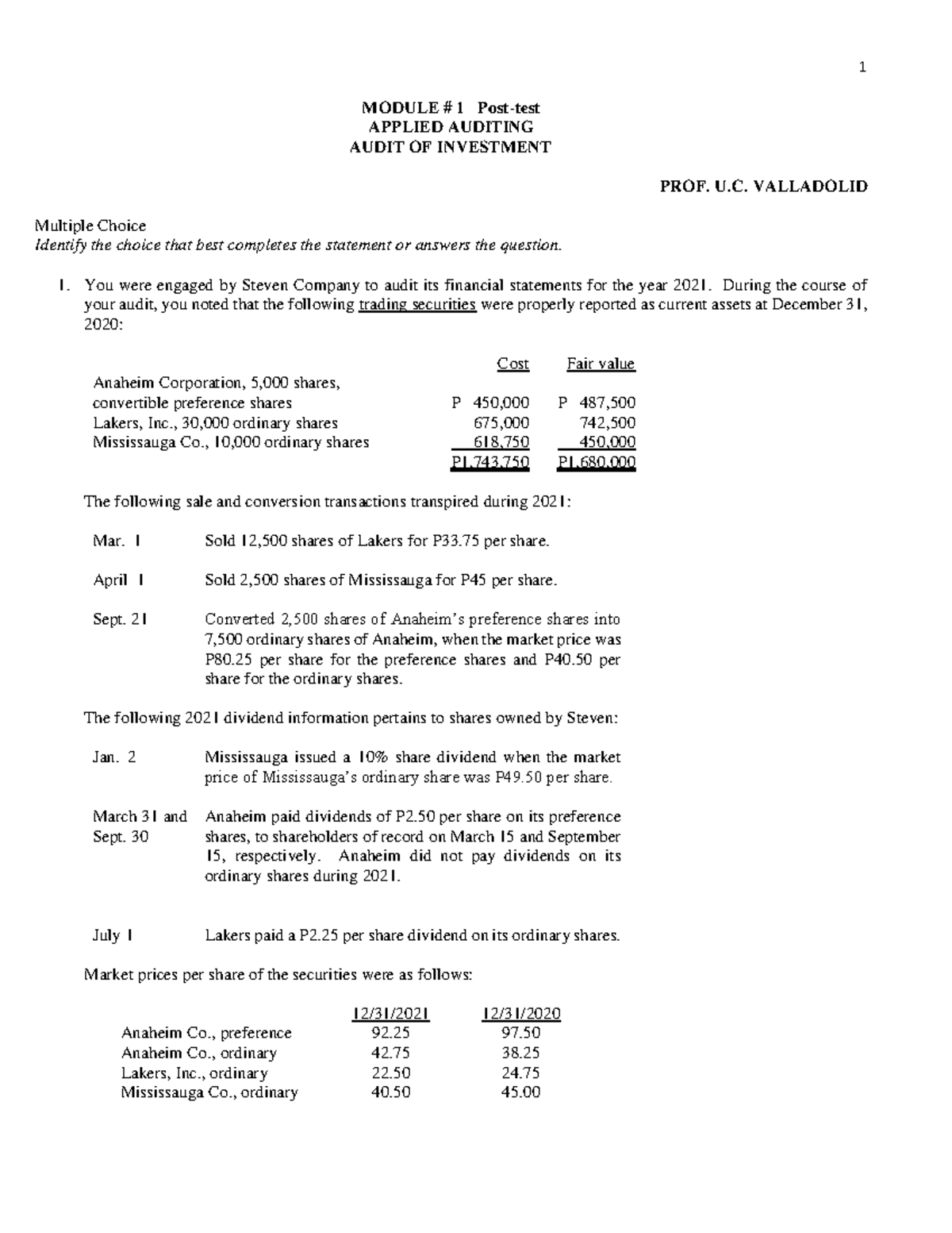 POST Tests - Accounting notes - MODULE # 1 Post-test APPLIED AUDITING ...