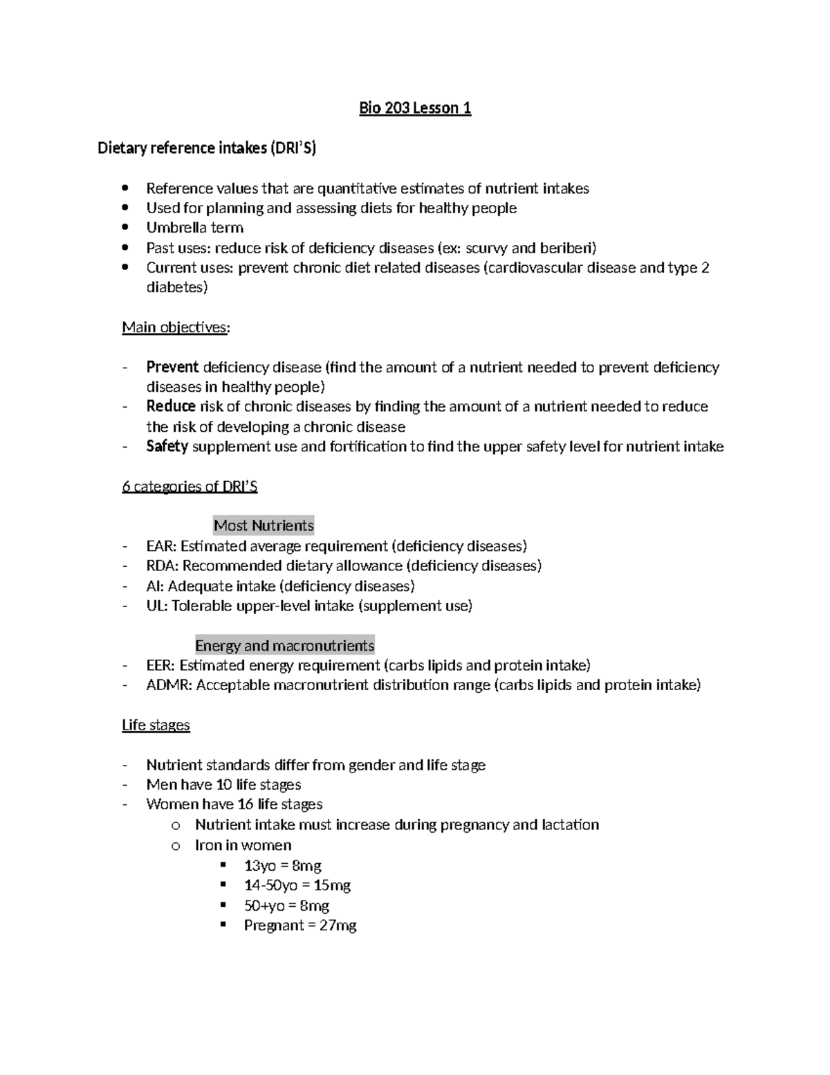 Bio 203 Lesson 1 - Bio 203 Lesson 1 Dietary reference intakes (DRI’S ...