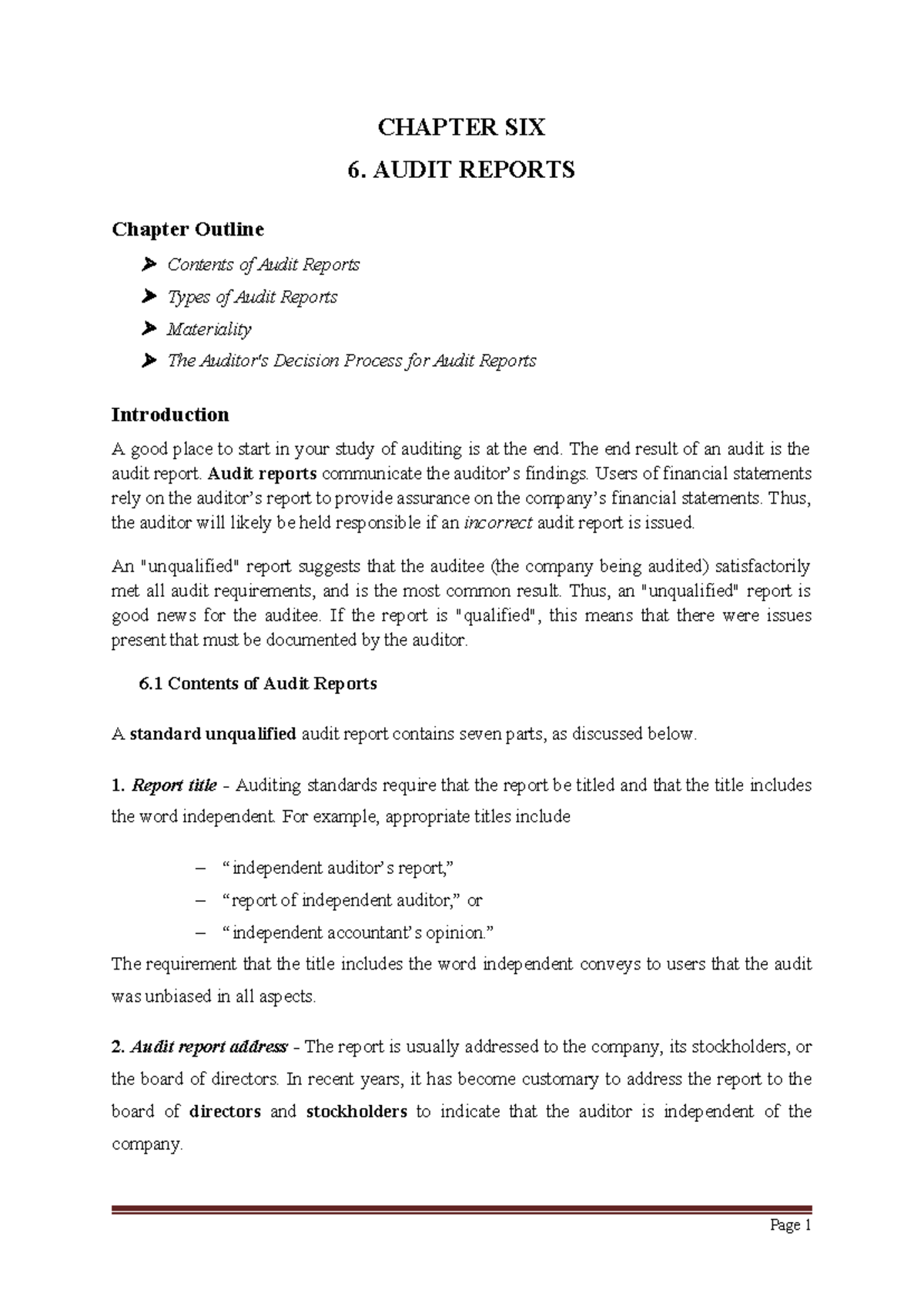 Auditing-i-ch-7 Audit report type 2 - CHAPTER SIX 6. AUDIT REPORTS Chapter Outline Contents of ...