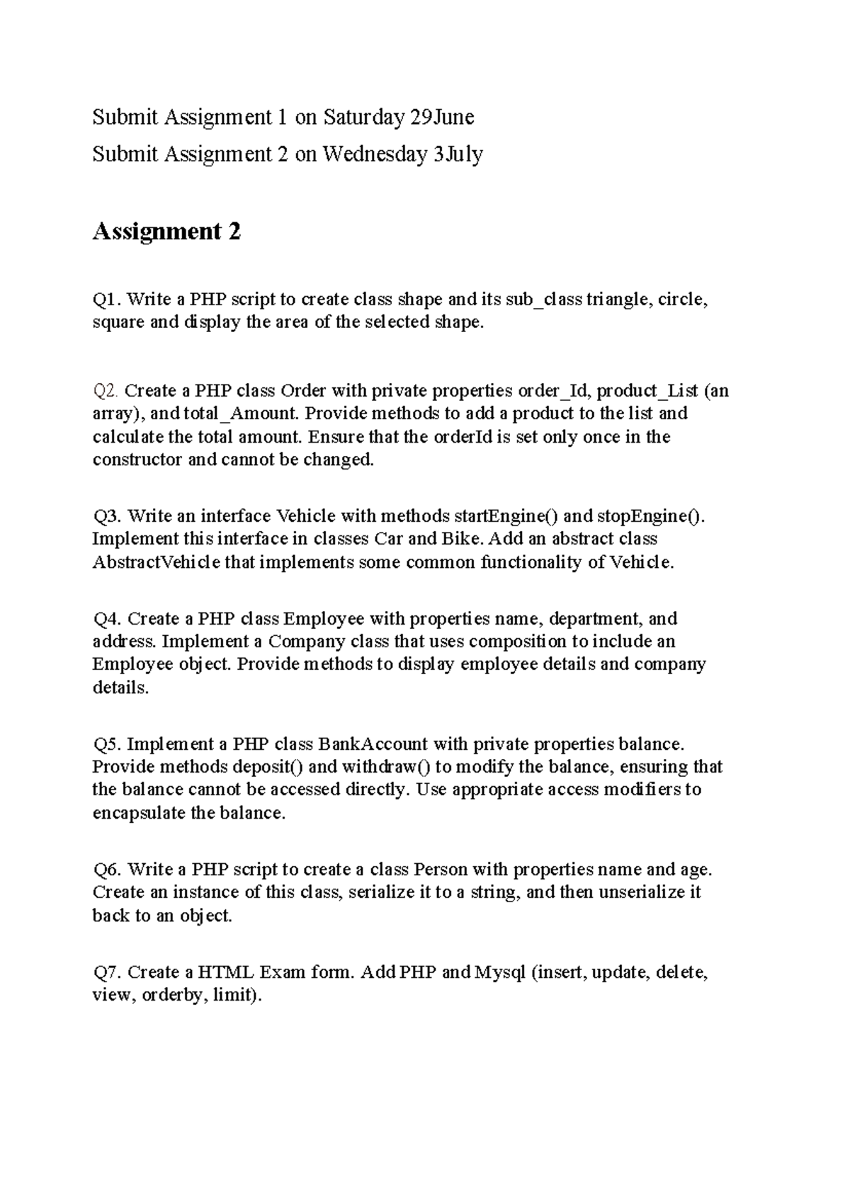 Assignment 2 - notes - Submit Assignment 1 on Saturday 29June Submit ...