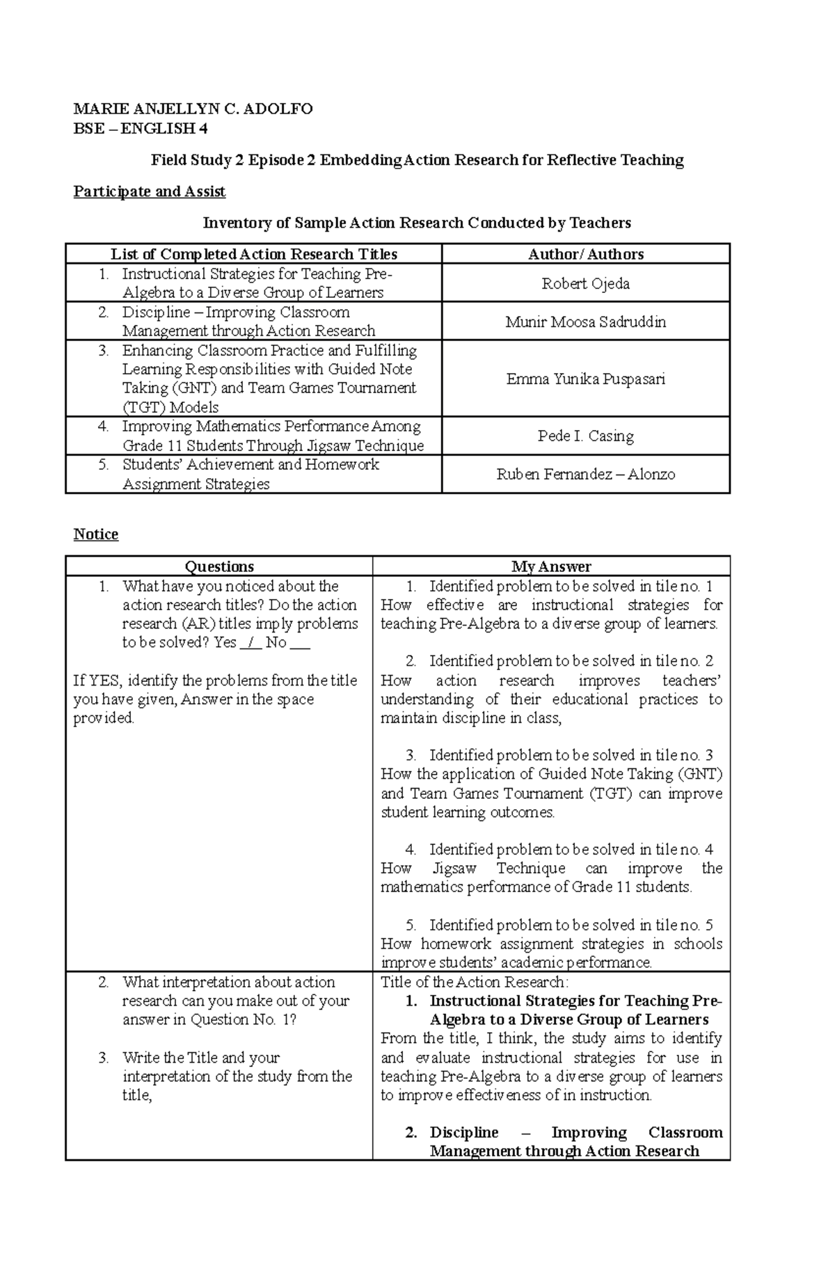 Field Study 2 Episode 2 - MARIE ANJELLYN C. ADOLFO BSE – ENGLISH 4 ...