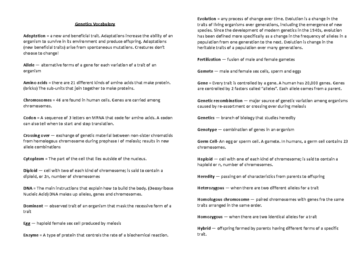 Genetics vocabulary - voc anglais euro SVT - Genetics Vocabulary ...