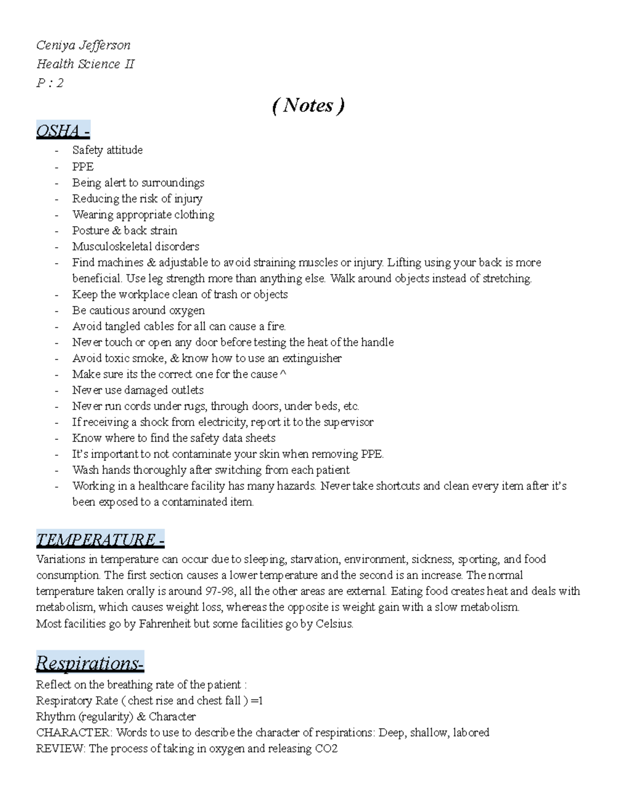 Health Education - Ceniya Jefferson Health Science II P : 2 ( Notes ...