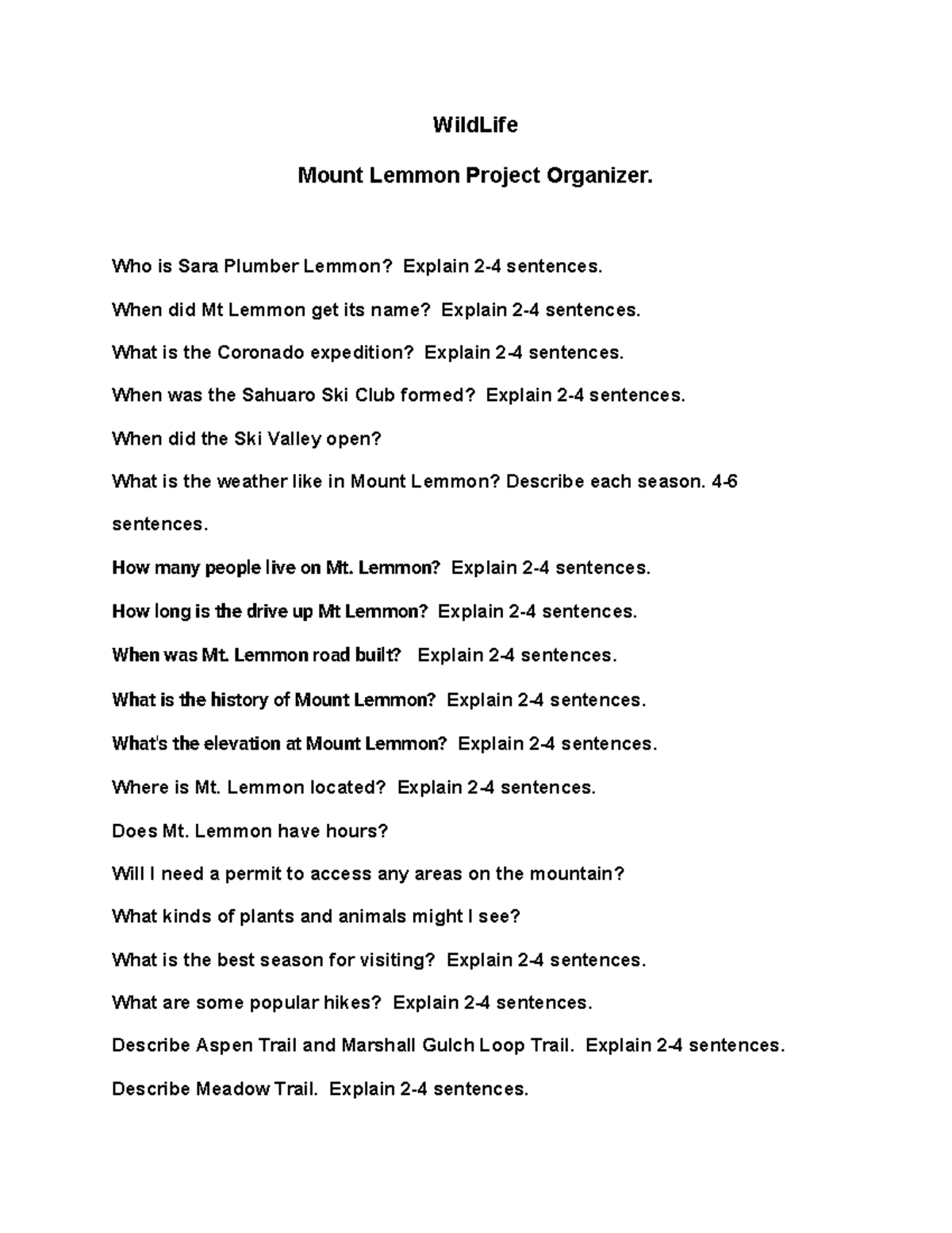 Wild Life Project Organizer - WildLife Mount Lemmon Project Organizer ...