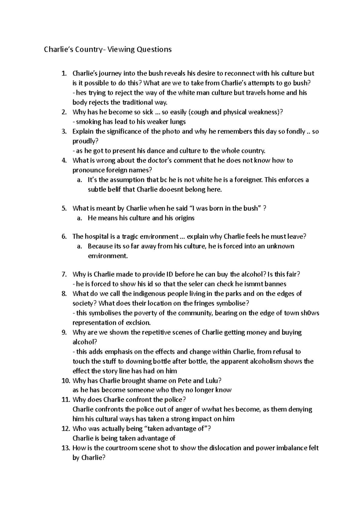 Charlie's Country- Viewing Questions 2 - Charlie’s Country- Viewing ...