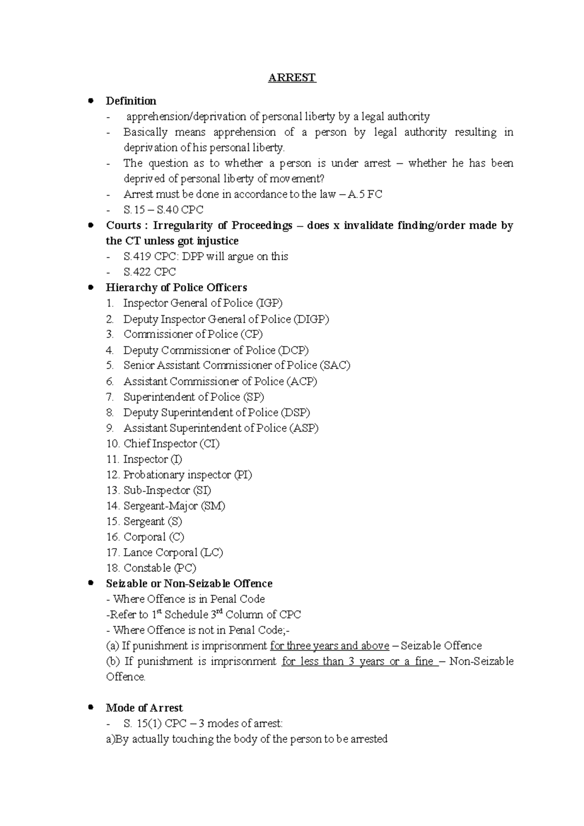 CPC Topic 3 - Arrest - ARREST Definition - apprehension/deprivation of ...
