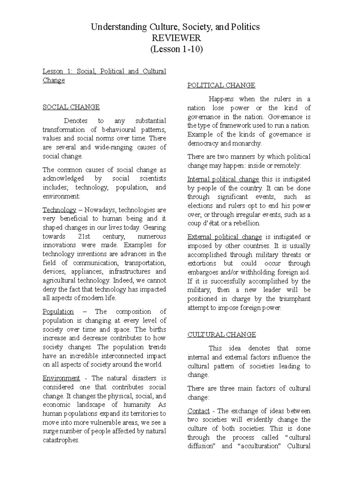 UCSP Reviewer (Lesson 1-10) - REVIEWER (Lesson 1-10) Lesson 1: Social ...