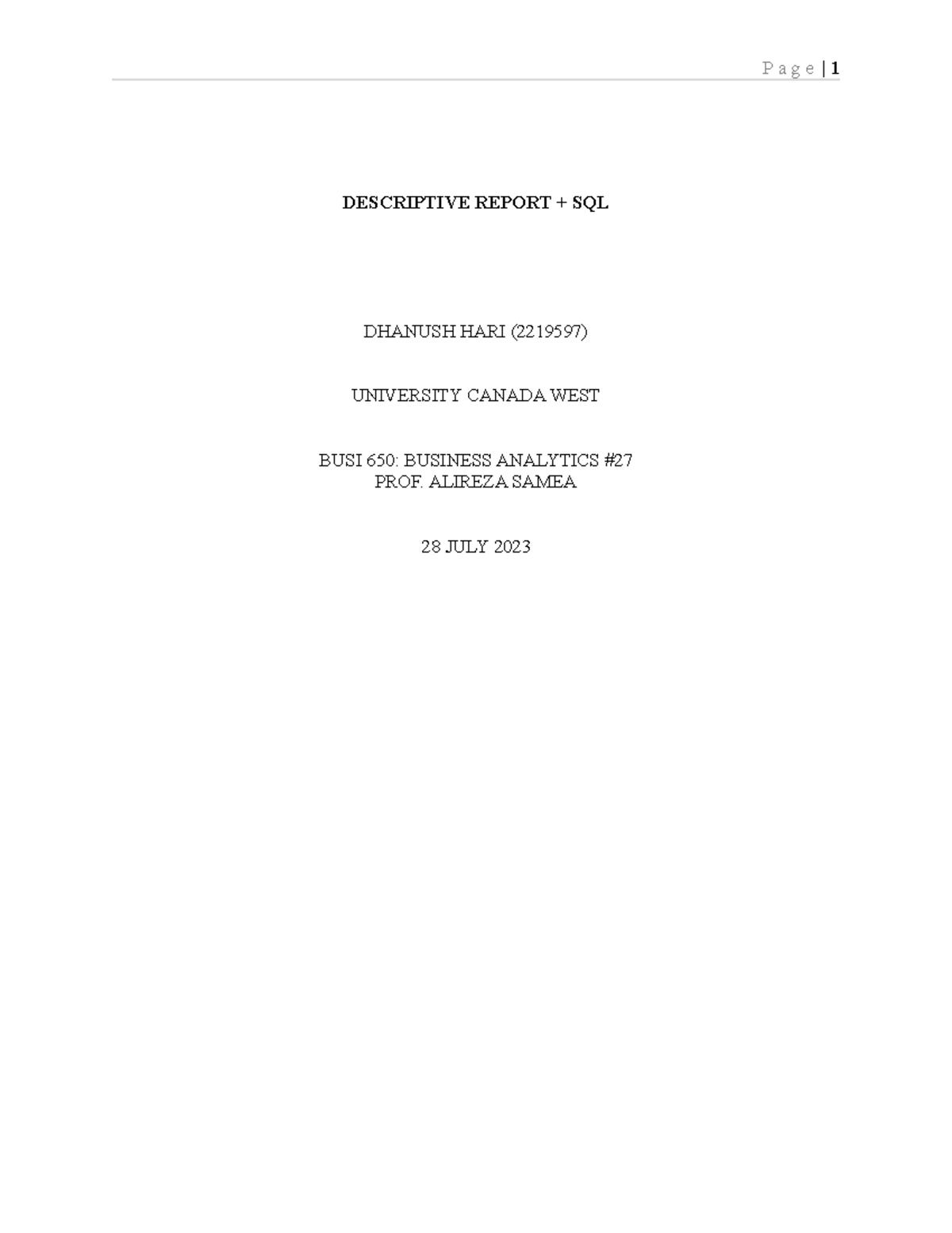 SQL + DESCRIPTIVE STATISTICS - DESCRIPTIVE REPORT + SQL DHANUSH HARI ...