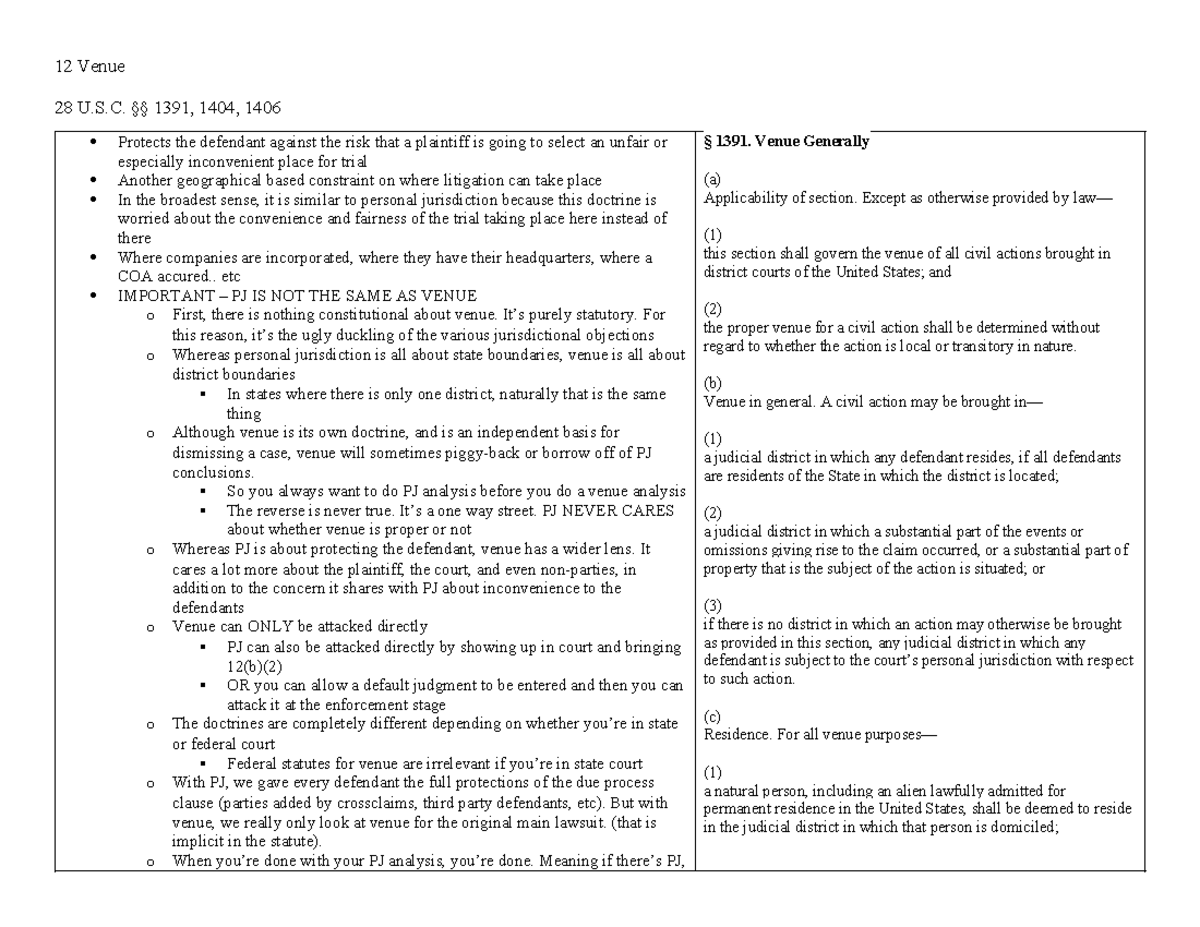 Venue notes and rule - 12 Venue 28 U.S. §§ 1391, 1404, 1406 Protects ...