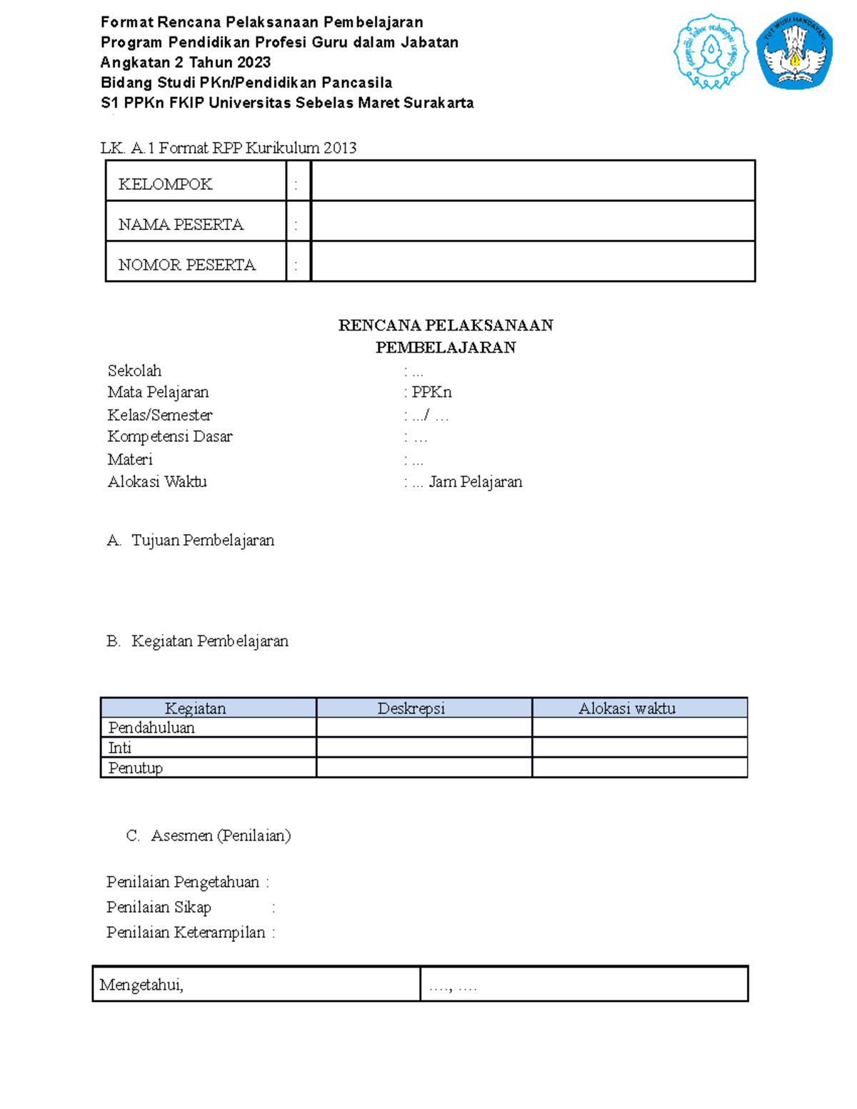 A.1. Format RPP K-2013- Final - Format Rencana Pelaksanaan Pembelajaran ...