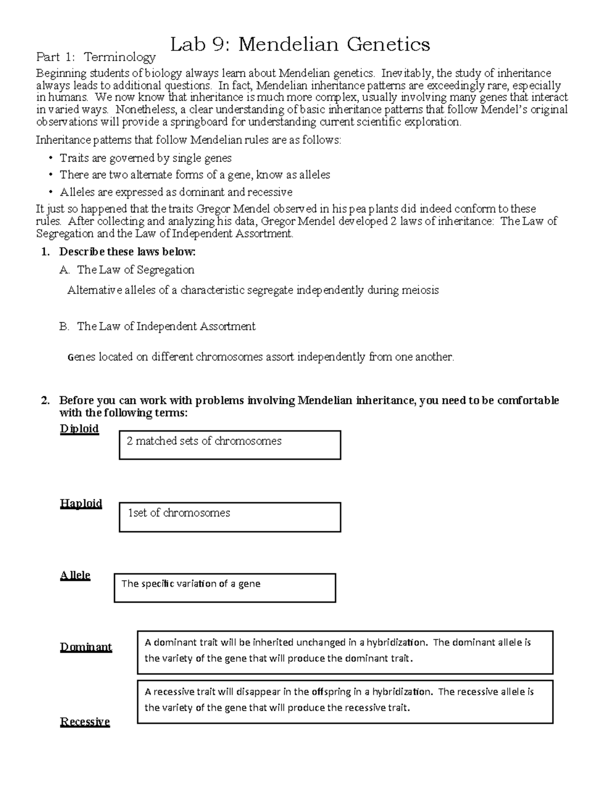 Answers Lab 9 Mendelian Genetics LAB - Part 1: Terminology Lab 9 ...