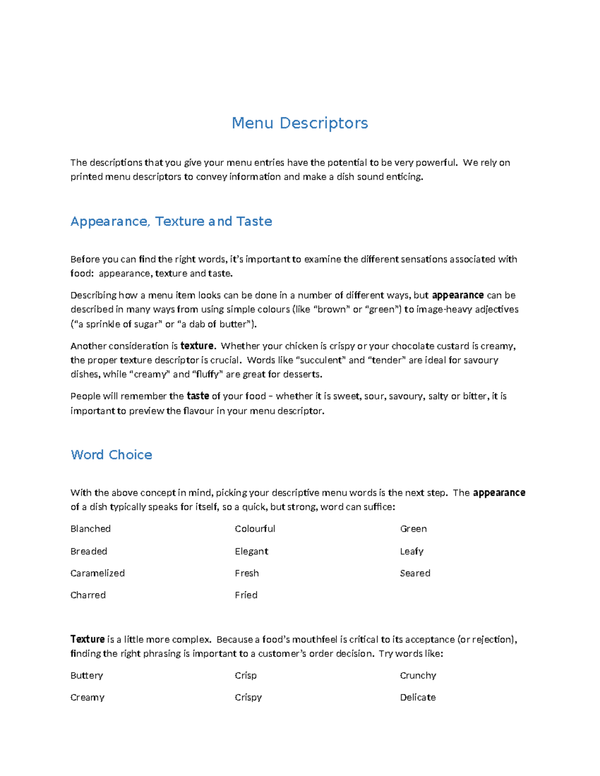 Menu Descriptors - n/a - Menu Descriptors The descriptions that you ...
