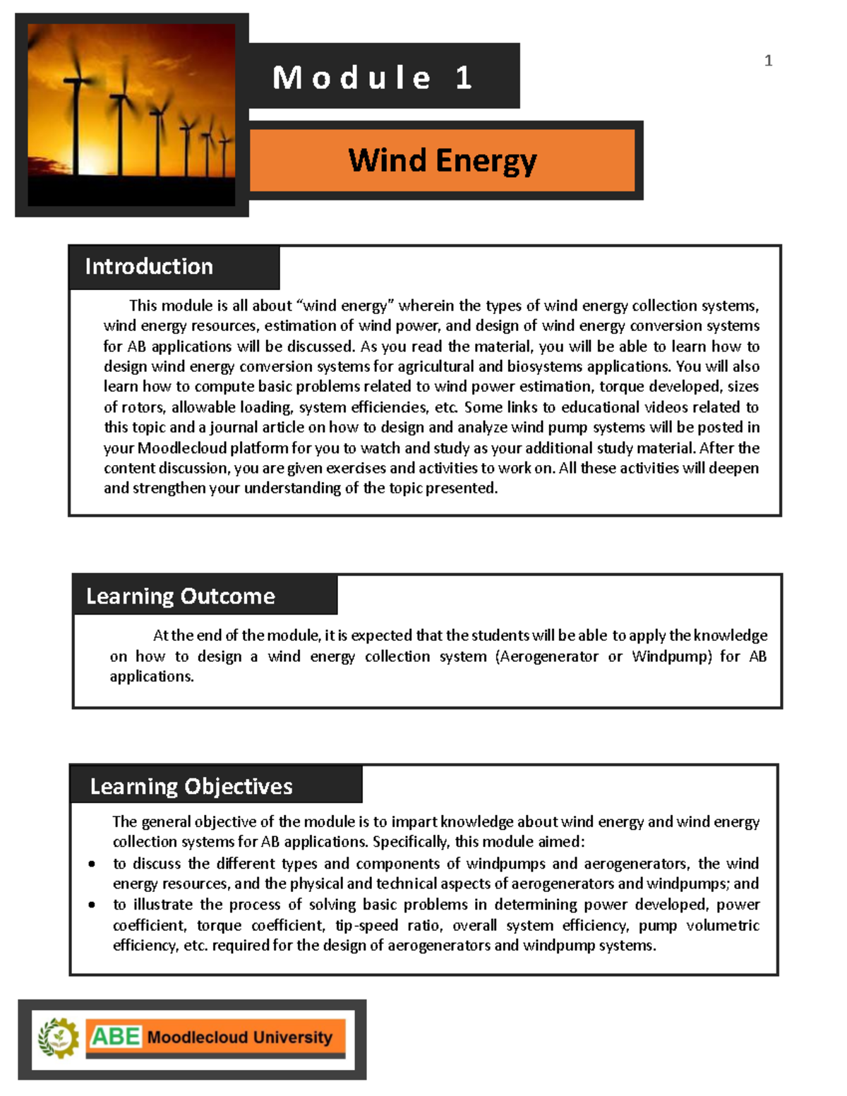 Module 1 Wind Power - notes - M o d u l e 1 Wind Energy This module is ...