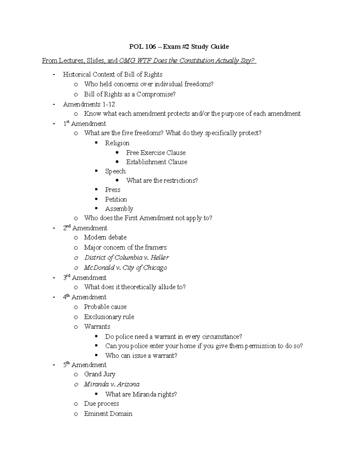 POL 106 - Exam #2 Study Guide - POL 106 – Exam #2 Study Guide From ...